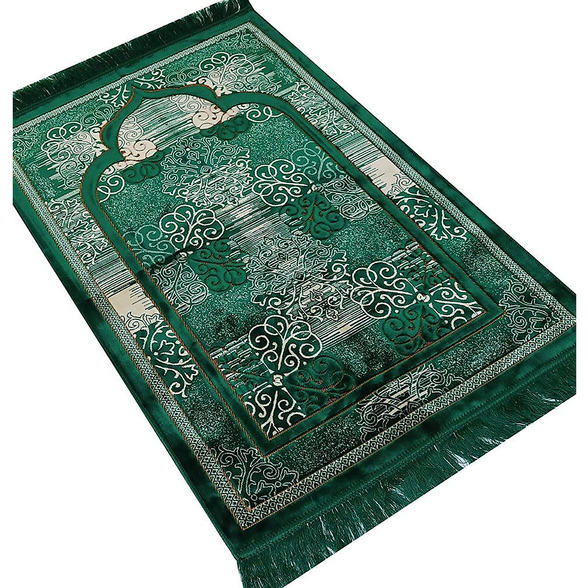 Modefa Turkish Islamic Prayer Rug | Soft Velvet Janamaz Praying Carpet | Muslim Praying Mat for Men & Women Ramadan or Eid | with Car Hanger | Classic Elegant Swirl (Green)