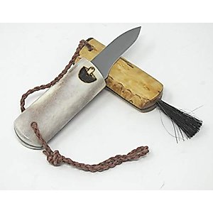 Outdoor Merchants, Made in Finland Kellam Knives Mushroom Pocket Fixed Blade Knife Mushroom Forage Tool Reindeer Antler and Curly Birch, Wood