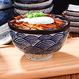 Cerficer Japanese Rice Bowl - 10.2oz Ceramic Sushi Bowl with Blue Wave Pattern,Thickened Bowl Wall,Perfect Small Bowl for Rice, Snacks, Desserts, and Sauces,Asian Rice Bowl Set