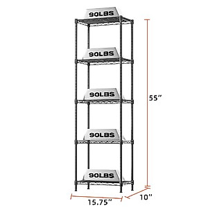 SINGAYE 5 Tier Shelf Wire Shelving Adjustable Storage Shelves Storage Rack,Standing Storage Shelf Units for Kitchen Closet Laundry Bathroom Pantry,Narrow Mesh Gaps,16”W x 10”D x 55”H,Black