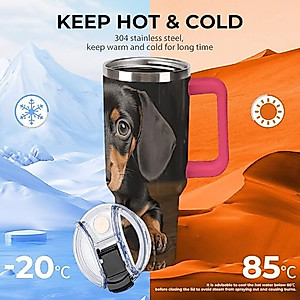 LLUTSNTH 40 Oz Vacuum Tumbler with Light Rose Red Handle Leakproof Insulated Tumbler Cute Dachshund Stainless Steel Travel Mug with Lid And Straw Coffee Cup Cute Water Bottles Cup Holder Friendly