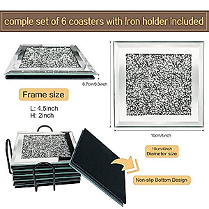 6 Sets Glass Mirrored Drink Coasters with Holder, DILIBRA Modern Bling Bling Crystal Cup Coasters for Dirnk, 4x4 Inches Crushed Diamond Glass Plates - Avoid Furniture Being Scratched and Soiled