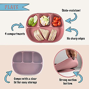 Littlesol Baby Led Weaning Supplies - Complete Silicone Baby Feeding Set - Plate, Spoon, Fork, Bib, Bowl, Cup - Food Grade BPA Free - Dishwasher Safe