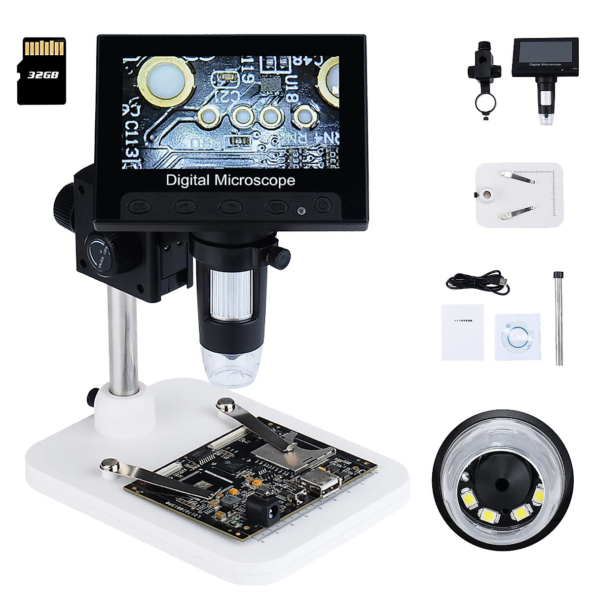 Coin Microscope,4.3" Coin Microscope, 4.3 Inch LCD Digital Microscope 1000x, Coin Magnifier with 8 Adjustable LED Lights, PC View, Windows Compatible, 32G TF Card Include (DM43)