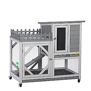 COZIWOW Rabbit Hutch with Balcony,Large Rabbit Cage Bunny Cage on Wheels,Guinea Pig Coop for Indoor Outdoor, Ramp, Pull-Out Tray, Water Bottle, Gray