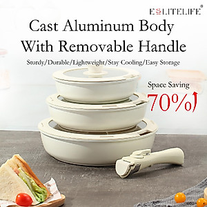 ESLITE LIFE Nonstick Frying Pan Skillet Set with Detachable Handle, Healthy Granite Coating Egg Omelette Pan Stone Cookware Chef's Pan, PFOA Free(Cream, 4-Piece)