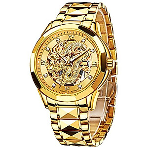 OLEVS Gold Watches for Men Automatic Dragon Skeleton Mechanical Luxury Watch Business Dress with Tungsten Steel Luminous 160FT Waterproof Diamond Fashion Wrist Watch