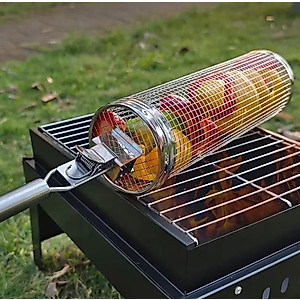 Rolling Grilling/Barbeque Baskets with Handle-Stainless BBQ Grill Mesh for Outdoor Camping/Grilling- Multipurpose Grilling Accessories Barbecue Rack/Net for Meat, Vegetables, Chips, French Fries, Fish