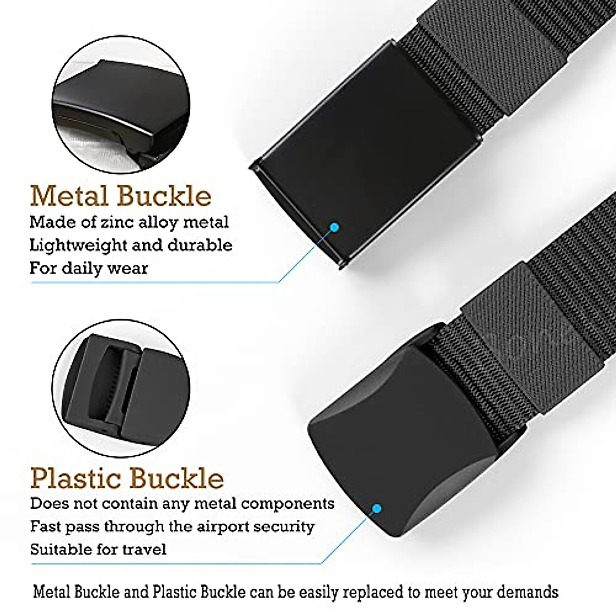 Nylon Belt, Men Military Tactical Breathable Belts, fast through the airport security, Metal Buckle+Plastic Buckle, snowboard Belt 51.18in(130cm)