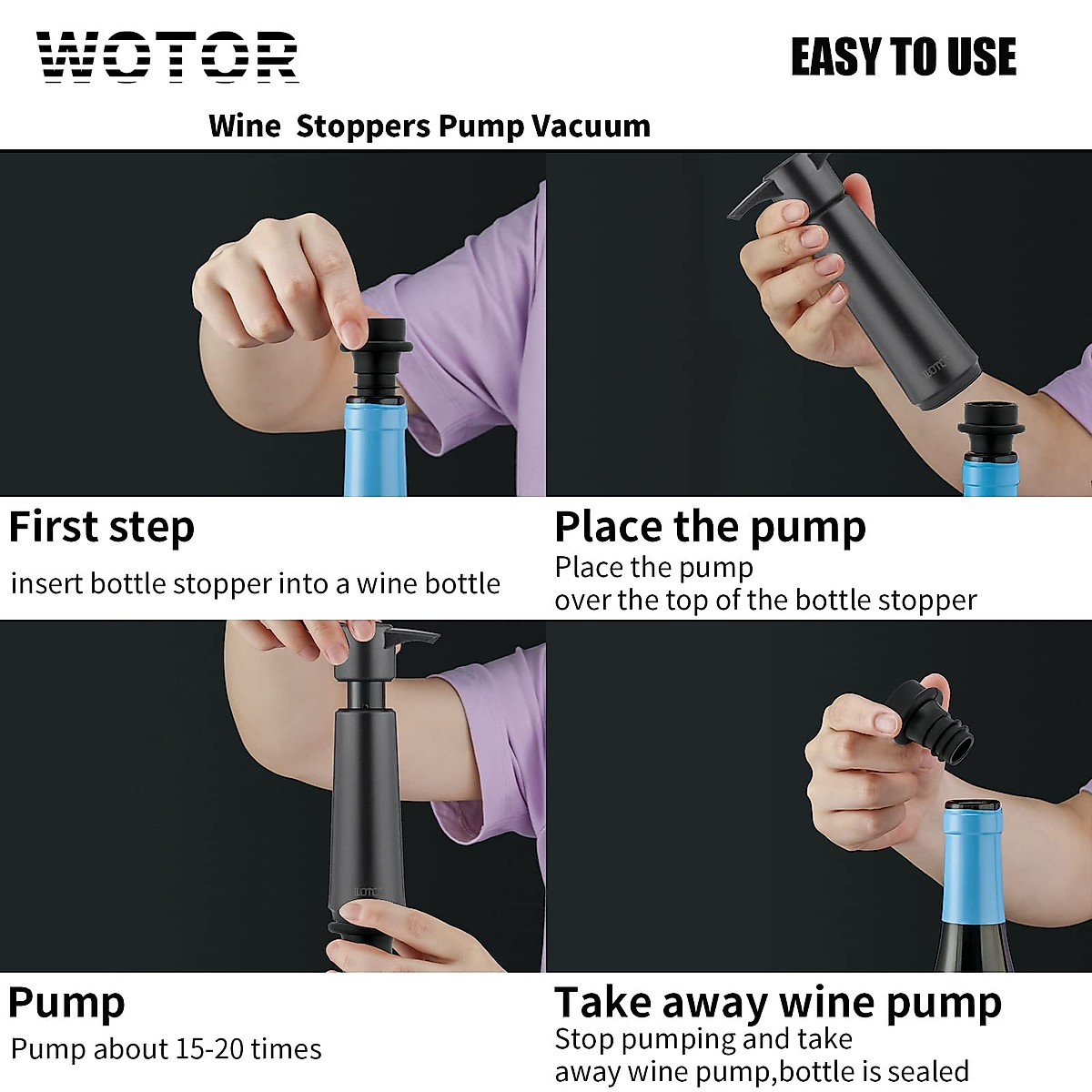 WOTOR Wine Pump Vacuum Stoppers, Silicone Wine Saver, Wine Bottle Stopper, Wine Preserver, Reusable Bottle Sealer Keeps Wine Fresh (Black, 12 Pieces)