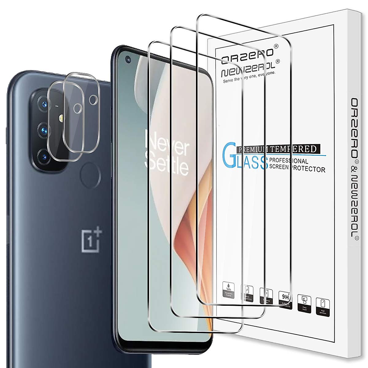 Orzero (3+2) Compatible for OnePlus Nord N100 Phone, 3 Pack Tempered Glass Screen Protector + 2 Pack Flexible Glass Camera Lens Protector, HD Bubble-Free