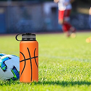 LaiChary 32oz Wide Mouth Basketball Water Bottle with Two Lids(Straw, Handle Lid), 18/8 Stainless Steel Vacuum Insulated for Travel & Sport Cup. (Basketball Brown, 32oz)