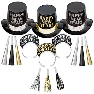 amscan Midnight Elegance Black, Gold and Silver 2025 New Year's Eve Party Decorations Supplies for 10, Includes Top Hats and Tiaras