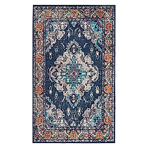 Wonnitar Bohemian Medallion Area Rug - Navy Blue 3x5 Washable Entry Rug Boho Bedside Rug Vintage Distressed Non-Slip Door Mat Throw Carpet for Entrance Bathroom Laundry Kitchen Indoor Office