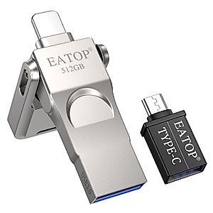 EATOP USB 3.0 ,512GB flash drive Photo Storage memory stick Thumb Drive Compatible with iPhone iPad Android and Computers (Silver)