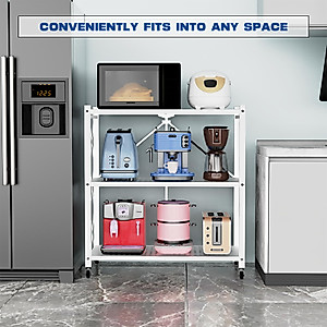 Lifetime Home 3-Tier Foldable Storage Shelf with Wheels - Metal Collapsible Shelving Unit Display, Rolling Cart for Books Kitchen Storage Shelves, Pantry & Closet Organizer, Office Room Decor - WHITE