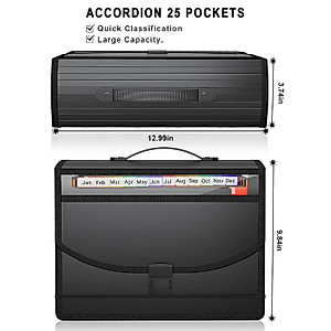 Vanulee 25 Pockets Accordion File Organizer with Handle,Expanding File Folder for Paper/Document/Bill,Portable Filing Box,Visible Window,Quick Search,Expandable Bottom,Large Capacity,A4/Letter Size