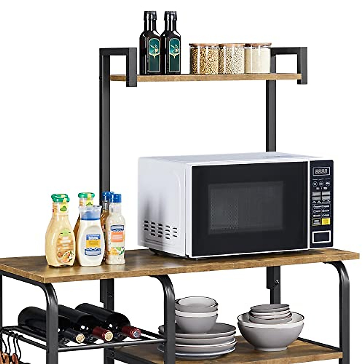 Yaheetech Industrial Kitchen Baker’s Rack Utility Microwave Oven Stand with Wire Basket & 10 S Hooks, Coffee Bar Spices Utensils Storage Shelf, Easy Assembly, Rustic Brown