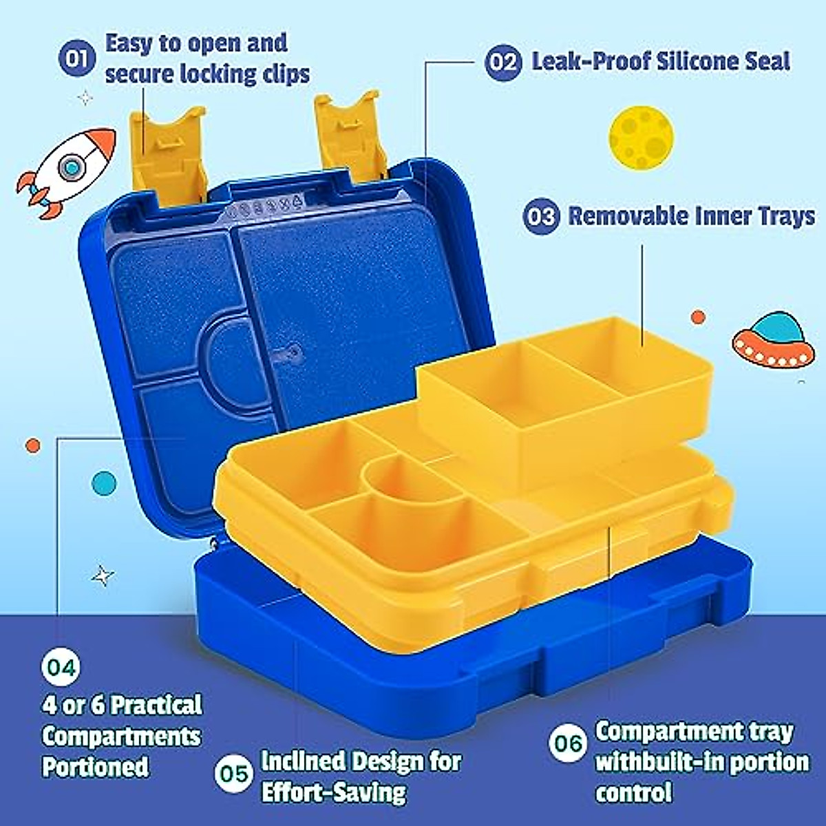 Ordiffo Bento Lunch Box for Kids, 4-6 Compartments with Leakproof Removable Compartment, Dishwasher Safe, Pre-School Kid Toddlers Daycare Lunches Snack Container for Boys, Space Astronaut