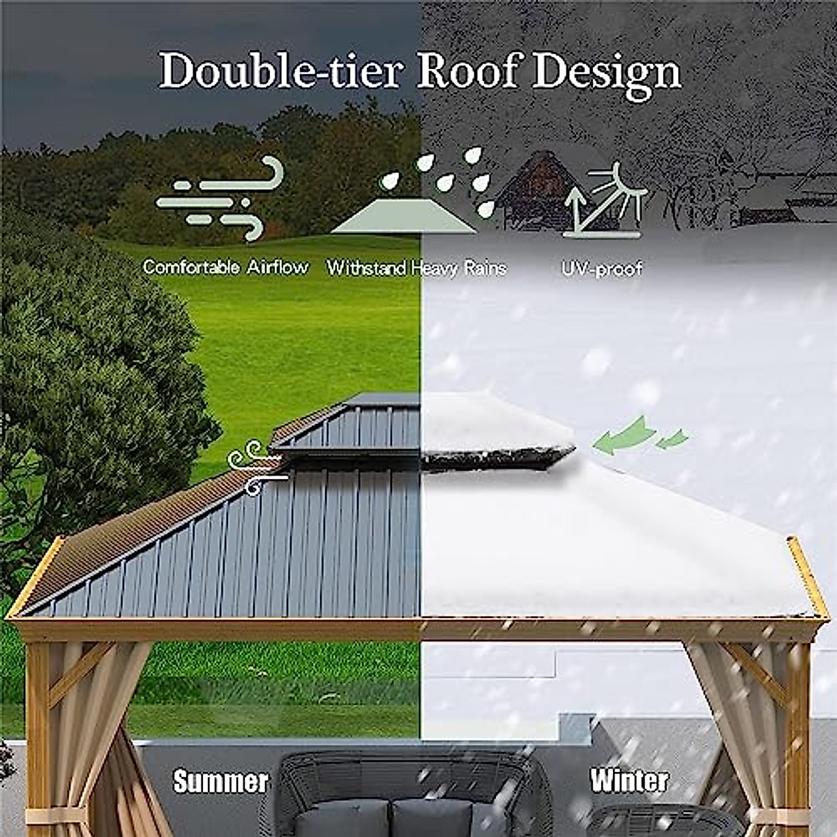 UBGO 10x12FT Hardtop Gazebo,Outdoor Permanent Metal Pavilion,Wooden Coated Aluminum Frame Canopy with Galvanized Steel Double Roof,Gazebo with Curtains and Netting for Patio, Deck and Lawn