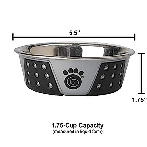 PetRageous 13097 Fiji Stainless Steel Non-Slip Dishwasher Safe Dog Bowl 1.75-Cup Capacity 5.5-inch Diameter 1.75-inch Tall for Small and Medium Size Dogs and Cats, Light Grey and Black