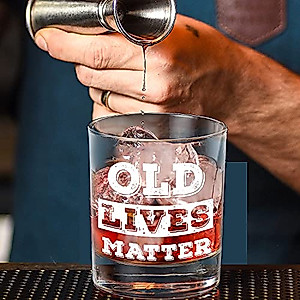 LIGHTEN LIFE Old Lives Matter Whiskey Glass 12 oz,Rock Glass in Valued Wooden Box,Funny Birthday or Retirement Gift for Grandpa,Dad ,Old Man,Old Fashioned Whiskey Glass