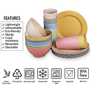 Cainfy Wheat Straw Dinnerware Set for 6, Upgraded Unbreakable Cereal Fruit Soup Rice Bowls Plates Mugs Sets for Outdoor Camping Dishwasher Microwave Safe
