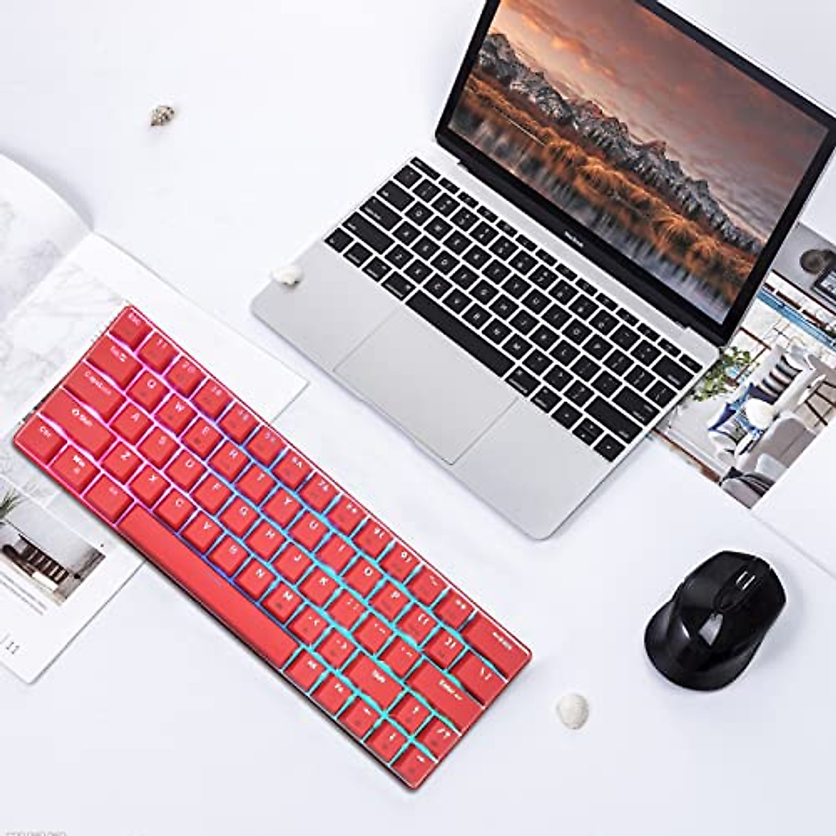 IEMUDJ CQ63 Mechanical Keyboard, Wired Bluetooth Gaming Keyboard, RGB Backlit, Brown Switch, Bluetooth 5.0, 63 Keys Layout, for Desktop, Laptop, Mac, Tablet, Smartphone, Gaming and Office