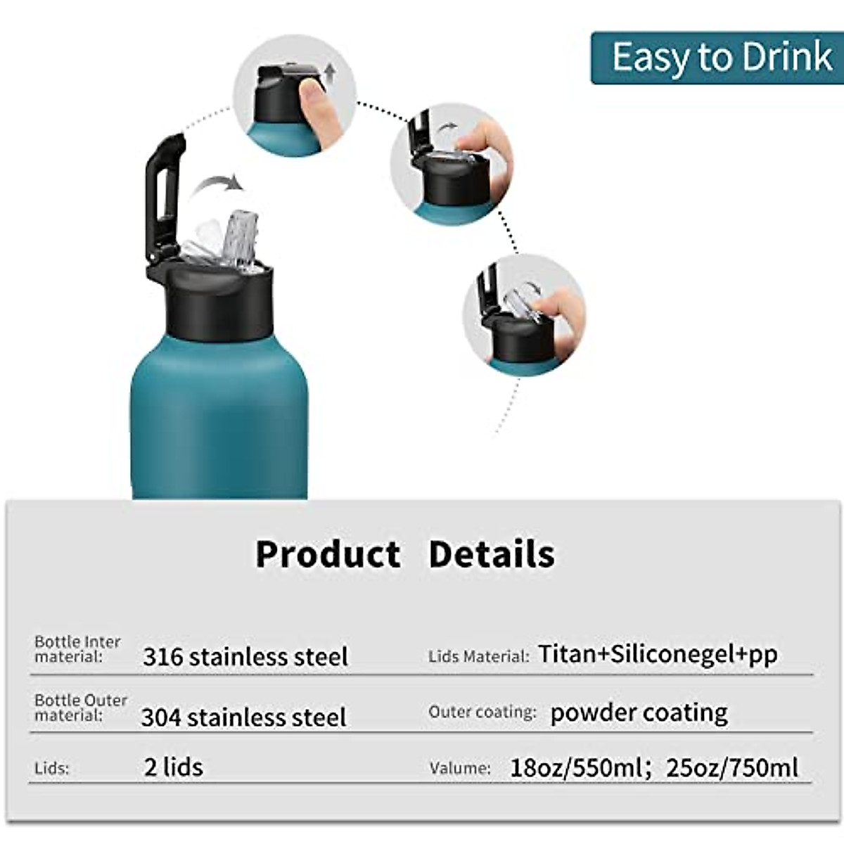 UZSPACE Insulated Water Bottle 17oz 25oz Stainless Steel Water Bottles for School Kids Adults, Double Wall Keep Cold & Hot Reusable Metal Water Bottle With Straw (Cyan,17oz)