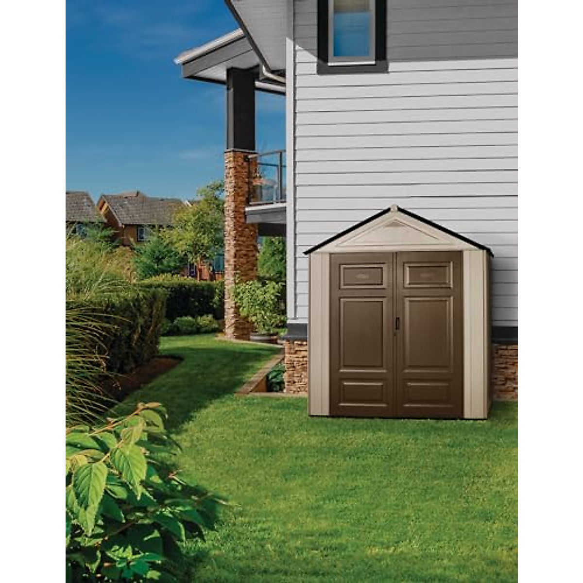Rubbermaid Resin Outdoor Storage Shed With Floor (7 x 3.5 Ft.), Weather Resistant, Brown/Grey, Organization for Home/Lawn Mower/Backyard Equipment/Bike Storage/Pool Supplies