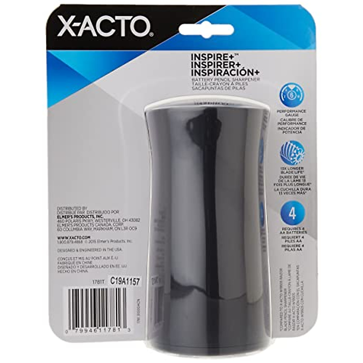 X-ACTO 1781LMR Inspire+ Battery Pencil Sharpener, Black/Silver