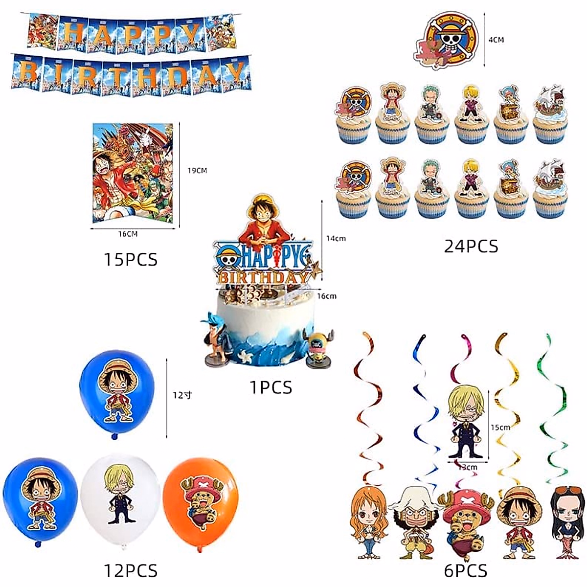 Piece Anime Birthday Decorations Party Supplies Party Favor Include Happy Birthday Banner, Cake Topper,Balloon，Cupcake Toppers, Anime Decorations for Girls