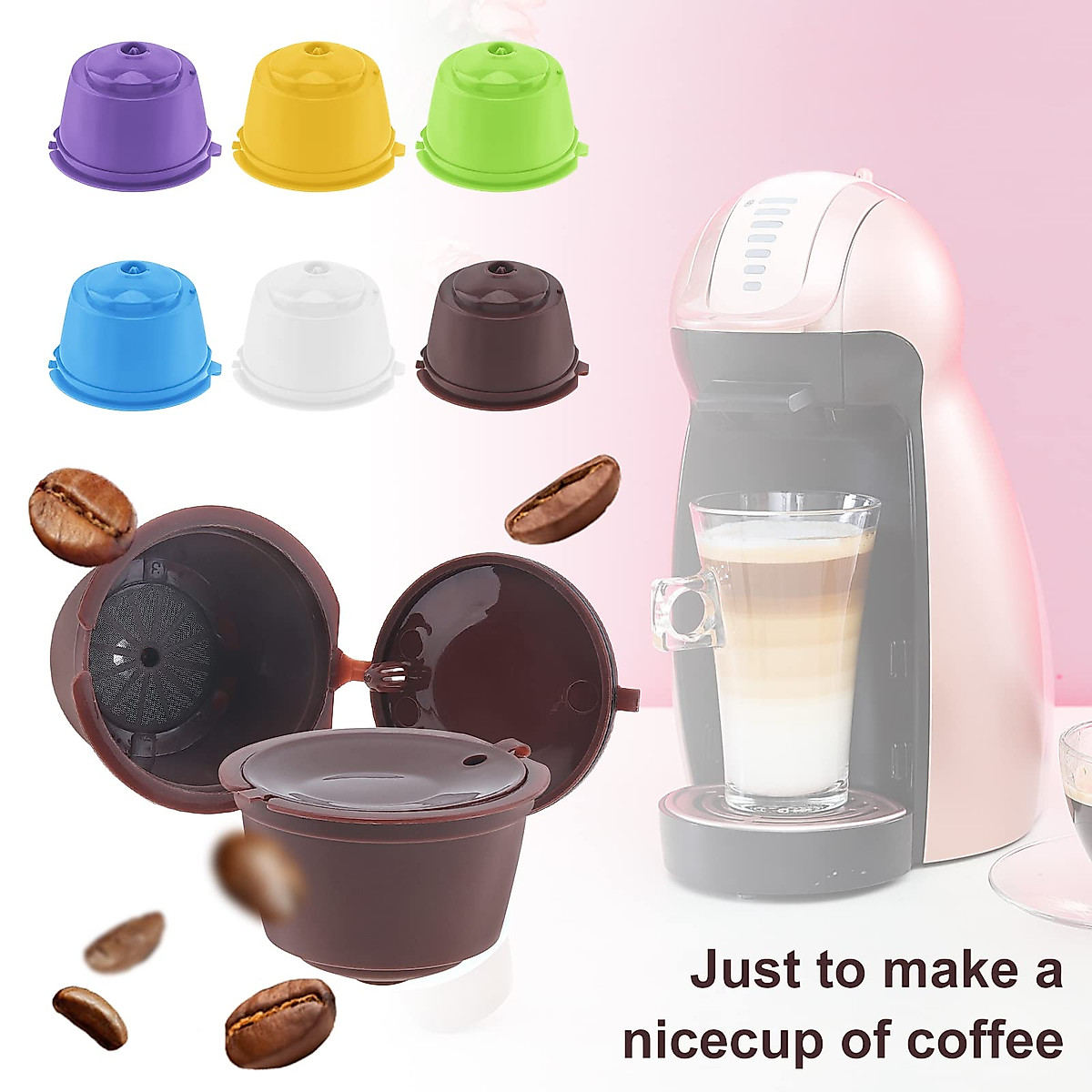 Reusable Coffee Capsule for Nescafe Dolce Gusto Brewers, 6 Pack Refillable Colorful Coffee Capsule Filter with Cleaning Brush and Measuring Spoon