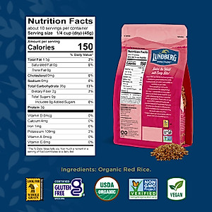 Lundberg Organic Red Jasmine Rice, Long Grain Red Rice - Non-Sticky, Fluffy Aromatic Rice, Organically Grown in California, Pantry Staples, 16 Oz