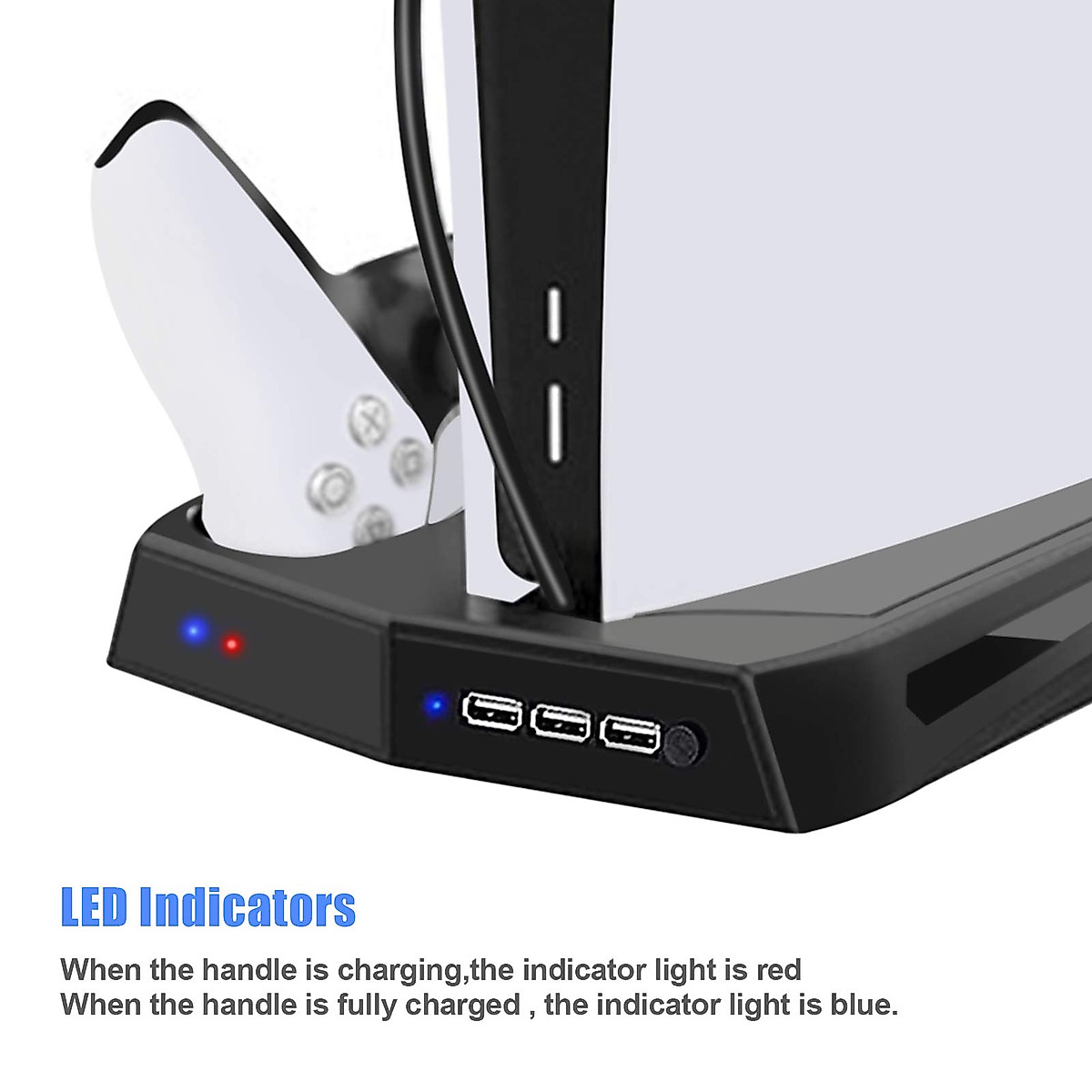 PS5 Controller Charger Vertical Charging Stand for Playstation 5, Dual Cooling Fan Charging Station Dock with 3 USB Ports for Dual Controllers ( Indicator Included)