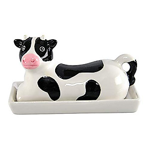 HOME-X Black and White Cow Butter Dish, Butter Dish with Cover, Farmhouse Dish for Stick of Butter Stick, Dish with Lid, 6 ¾”L x 3 ¼” W x 3 ½”H, Black/White