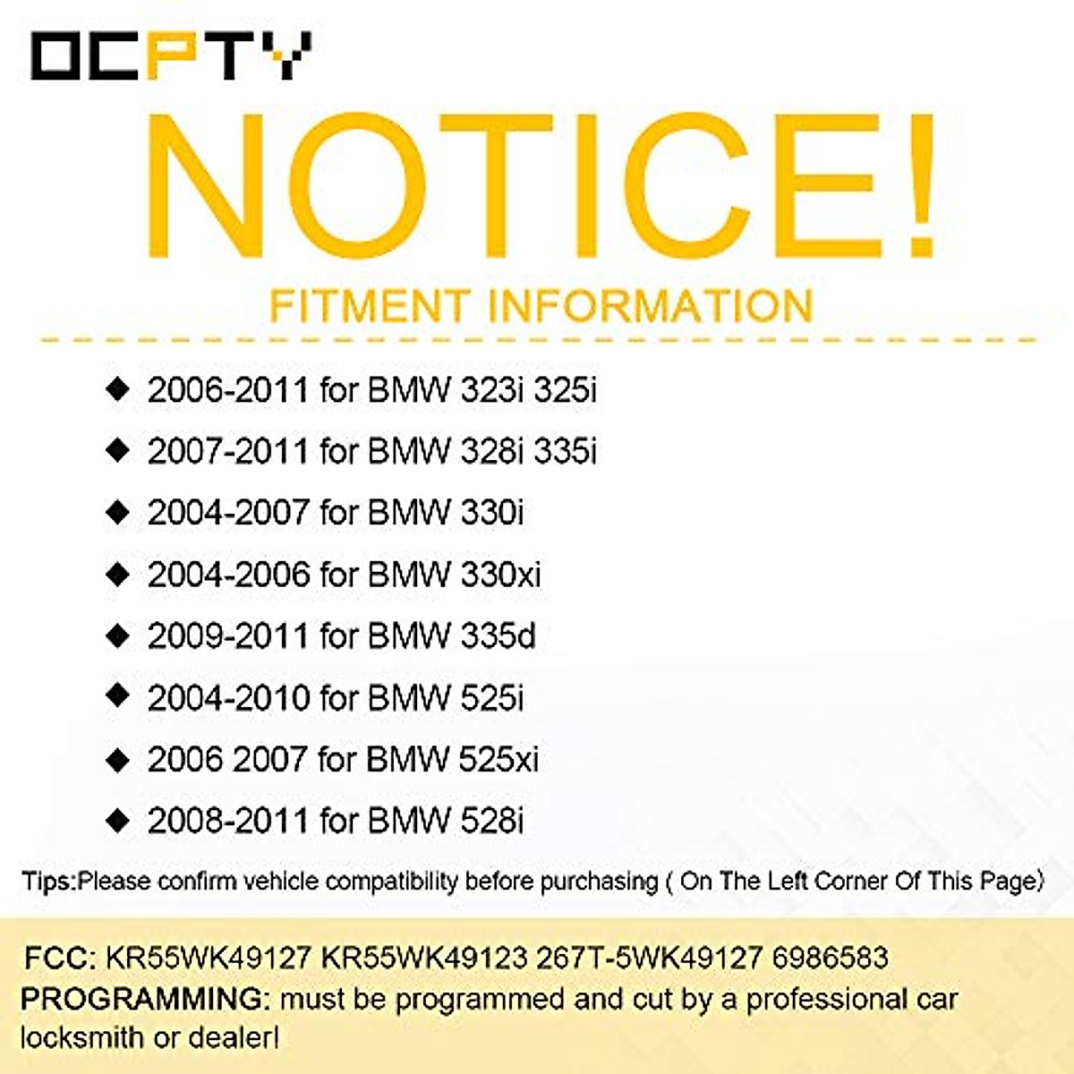 OCPTY 1 X Flip Key Entry Remote Control Key Fob Transmitter Replacement for BMW 325Ci/ 325xi 335is 330Ci 528xi/ 535xi 545i KR55WK49123 3 Buttons 315Mhz