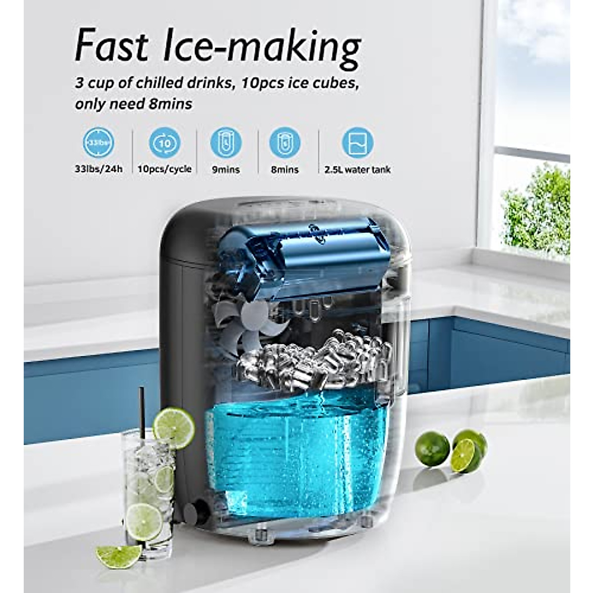 33Lbs Ice Maker Countertop, 10 Ice Cube Ready in 8-9 Mins, Crystal Clear Ice, 33Lbs/24H, Self-Cleaning Clear Ice Maker Machine, 2 Sizes Ice Cube Maker, Ice Scoop/Basket/Hook, for Home Camping Party RV