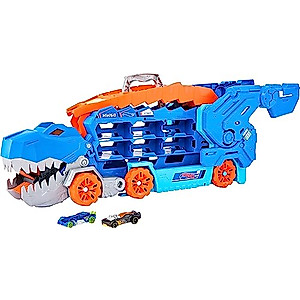 Hot Wheels City Ultimate Hauler, Transforms into Stomping T-Rex with Race Track, Lights and Sounds, Toy Storage for 20+ 1:64 Scale Cars