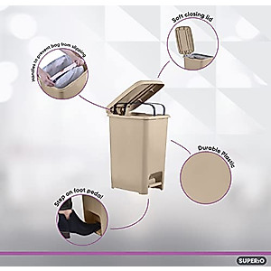 Superio Slim Step On Trash Can 6.5 Gallon, Beige Waste Bin with Foot Pedal Lid 26 Liter, Kitchen, Under Desk, Office, Bedroom, Bathroom
