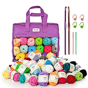 Crochet kit for Beginners| 40 Mini Skeins of Colorful Acrylic Yarn for Crocheting & Knitting (875 Yards), Storage Bag, 2 Crochet Hooks, 4 Crochet Stitch Markers, 2 Needles & 7 PDF Ebooks