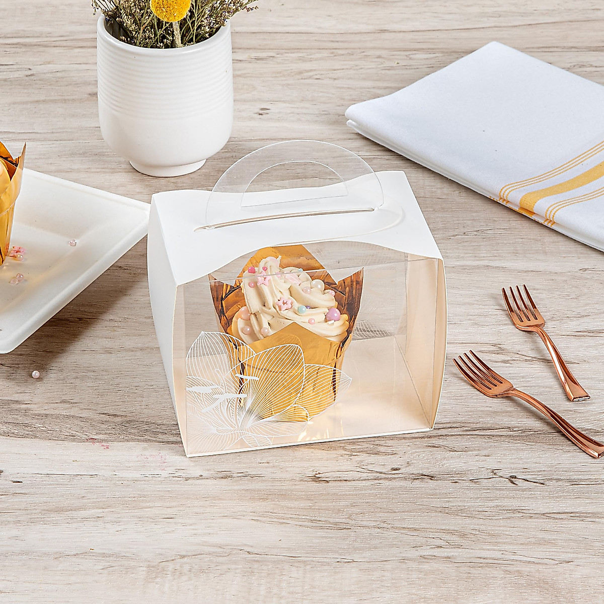 Restaurantware-5 Inch x 3.25 Inch Individual Cupcake Boxes, 100 Disposable Cupcake Display Boxes - With Handle, Lotus Accent, Clear Plastic Single Cupcake Containers, For Weddings Or Birthdays