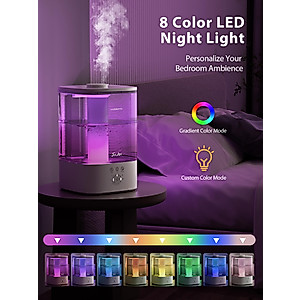 Cool Mist Humidifiers for Bedroom,FreAire 3.5L Smart 25dB MAX-Quiet Air Humidifier for baby with Top-Fill,40H working,8 Color Light,Ultrasonic Diffuser for Largeroom & Plants-Light Grey