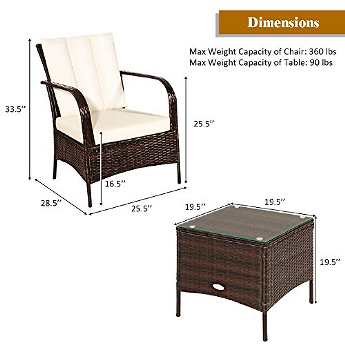 Tangkula 3 Piece Patio Furniture Set, 2 Wicker Chairs with Glass Top Coffee Table, Outdoor Garden Porch Poolside Furniture Set for 2, Rattan Conversation Set (Cream)