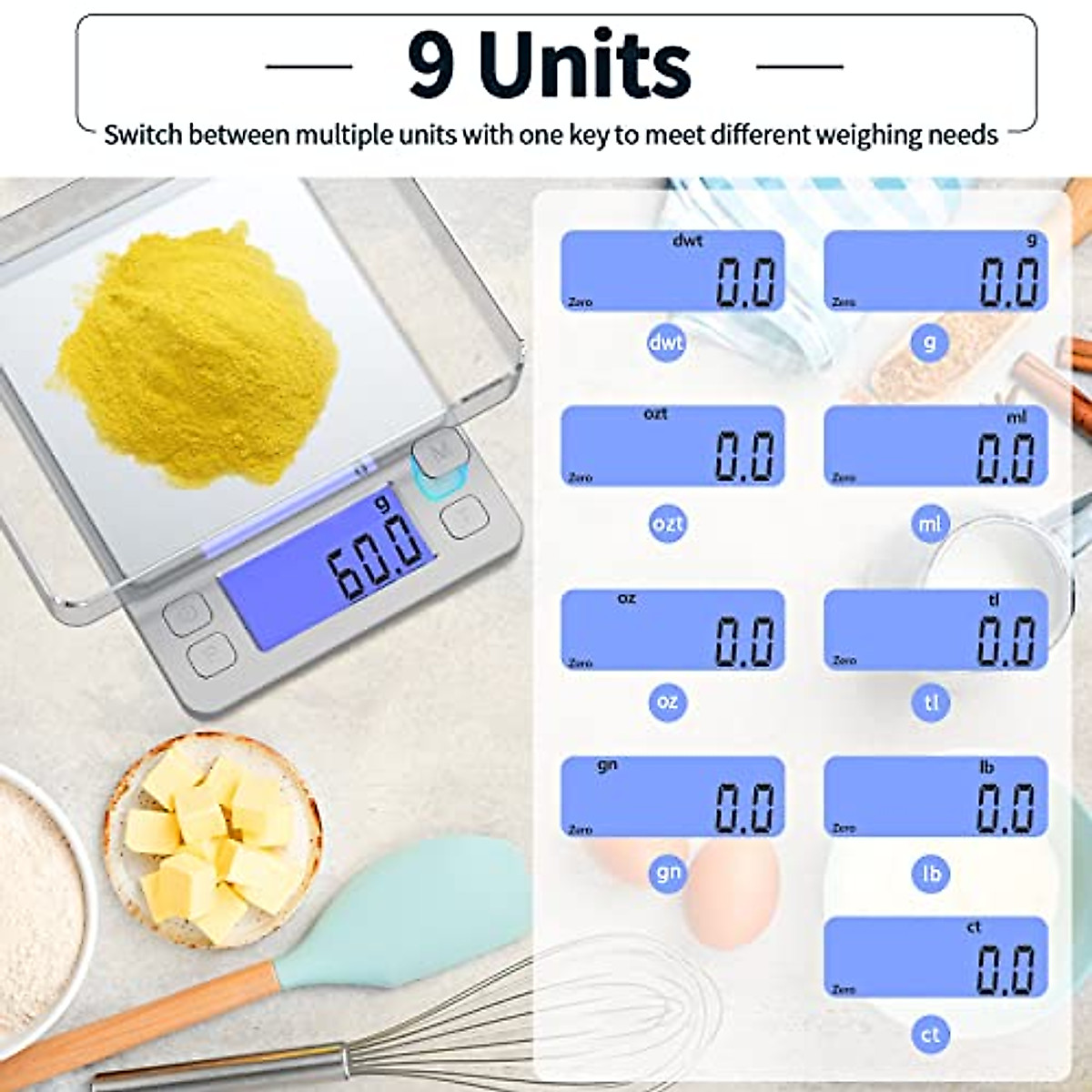 Kitchen Food Scale, 3000g/0.1g High Precision Digital Scale, Used for Cooking, Jewelry, Baking, Tare Function, with 2 Trays, LCD Display