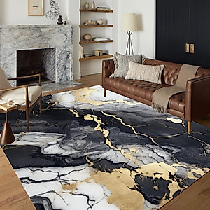 Black Grey Gold Marble Texture Modern Abstract Rug for Living Room Bedroom Diningroom Luxury Art Decor Home Office Guestroom Floor Carpet Indoor Outdoor Rug Mat 5x7