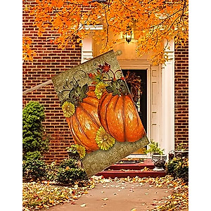 Pickako Thanksgiving Day Pumpkins Rustic Autumn Fall Harvest Flowers Leaves House Flag 28 x 40 Inch, Double Sided Large Garden Yard Welcome Flags Banners for Home Lawn Patio Outdoor Decor