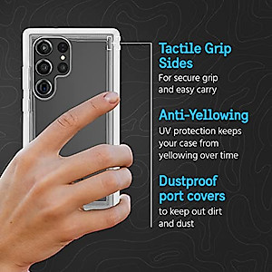 Pelican Voyager - Samsung Galaxy S23 Ultra Case [6.8"] [18Ft MIL-STD Drop Protection] [Wireless Charging] Phone Case for Samsung Galaxy S23 Ultra w/ Belt Clip Holster Phone Stand - Anti Yellow - Clear