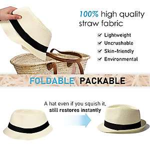 Lvaiz Womens Straw Hat Short Brim Panama Fedora Beach Sun Trilby Hat for Vacation Gentlemen Roll Up Summer Hat, beige White