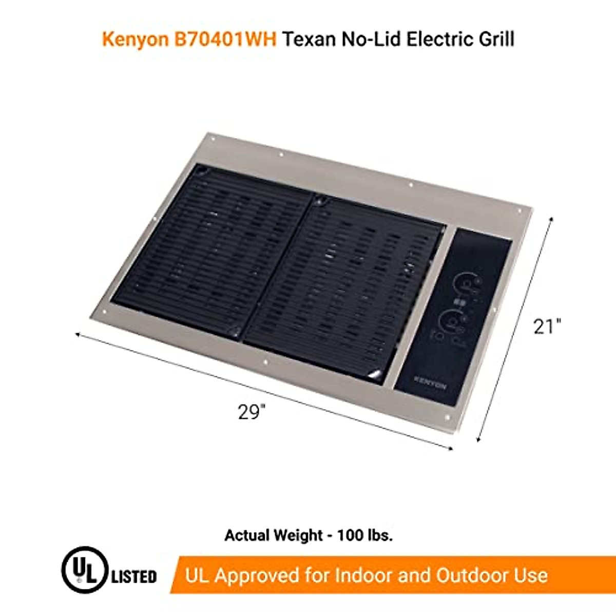 Kenyon Texan No-Lid Electric Grill, Stainless Steel Grill With Two Burners And Non-Stick Coating, Quick Heat Up, Standard Lite-Touch Control, UL-Approved For Indoor And Outdoor Use, 240V